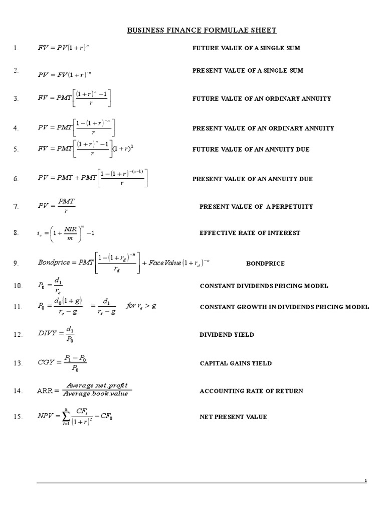 Business Finance Formulae Sheet | PDF | Present Value | Beta (Finance)