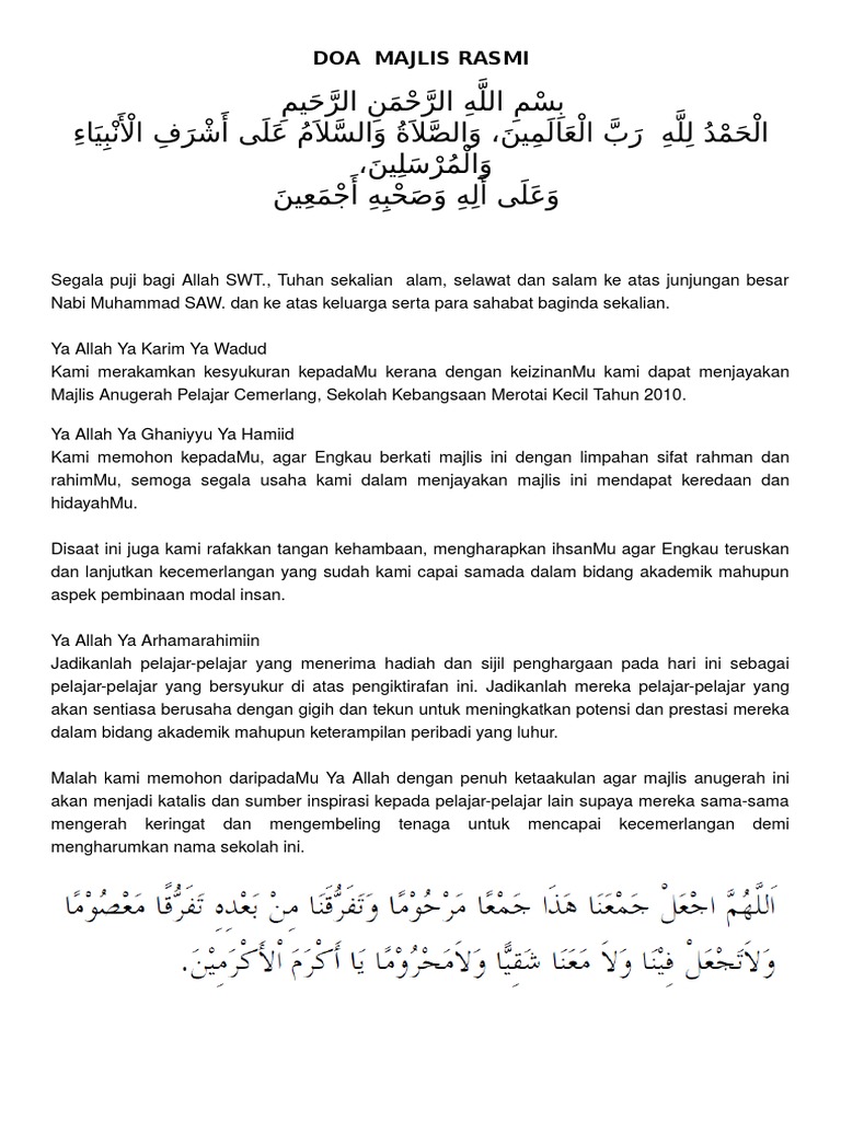 Doa Majlis Rasmi Di Sekolah | PDF