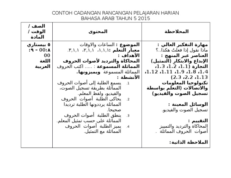 Contoh RPH Bahasa Arab Tahun 5 | PDF