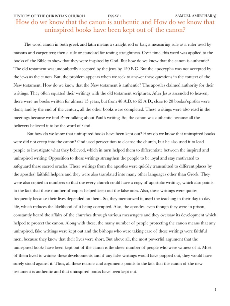 Samuel Amirtharaj HCC Essay 1 | PDF | Biblical Canon | New Testament