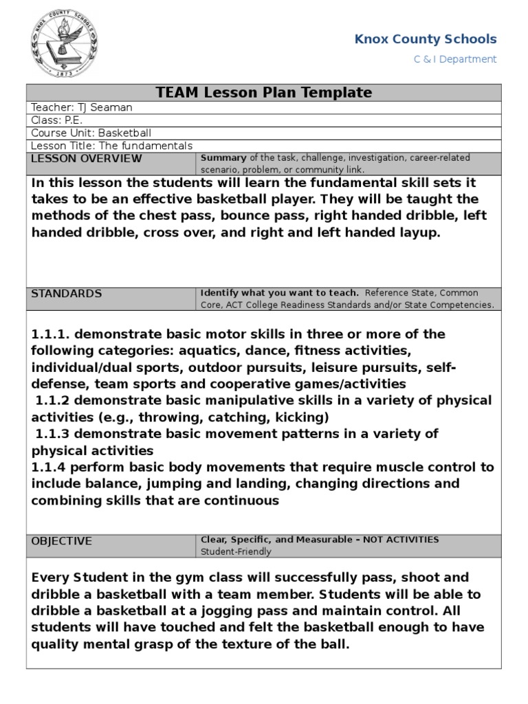 Basketball Fundamentals Lesson Plan | PDF