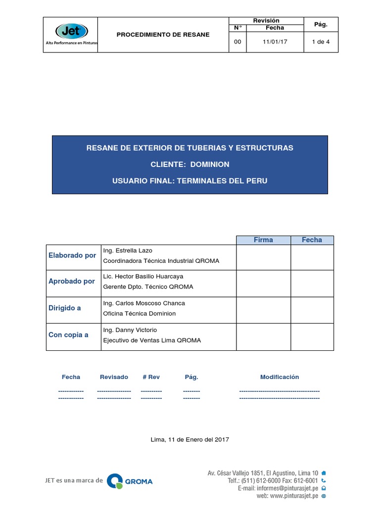 Procedimiento para Resane Exterior Tubería y Estructura | PDF ...