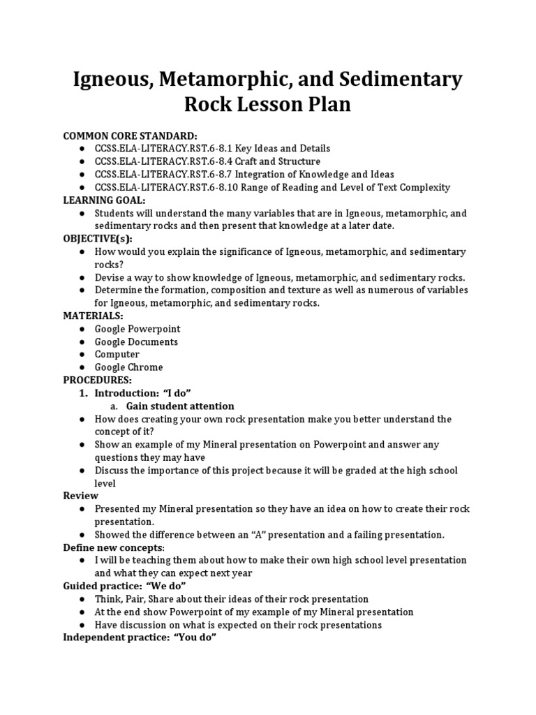 Igneous, Metamorphic, Sedimentary Lesson Plan | PDF | Rock (Geology ...