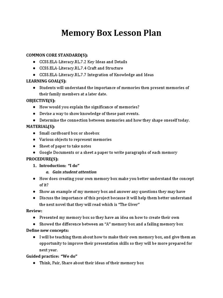 Memory Box Lesson Plan: Common Core Standard (S) | PDF | Lesson Plan ...