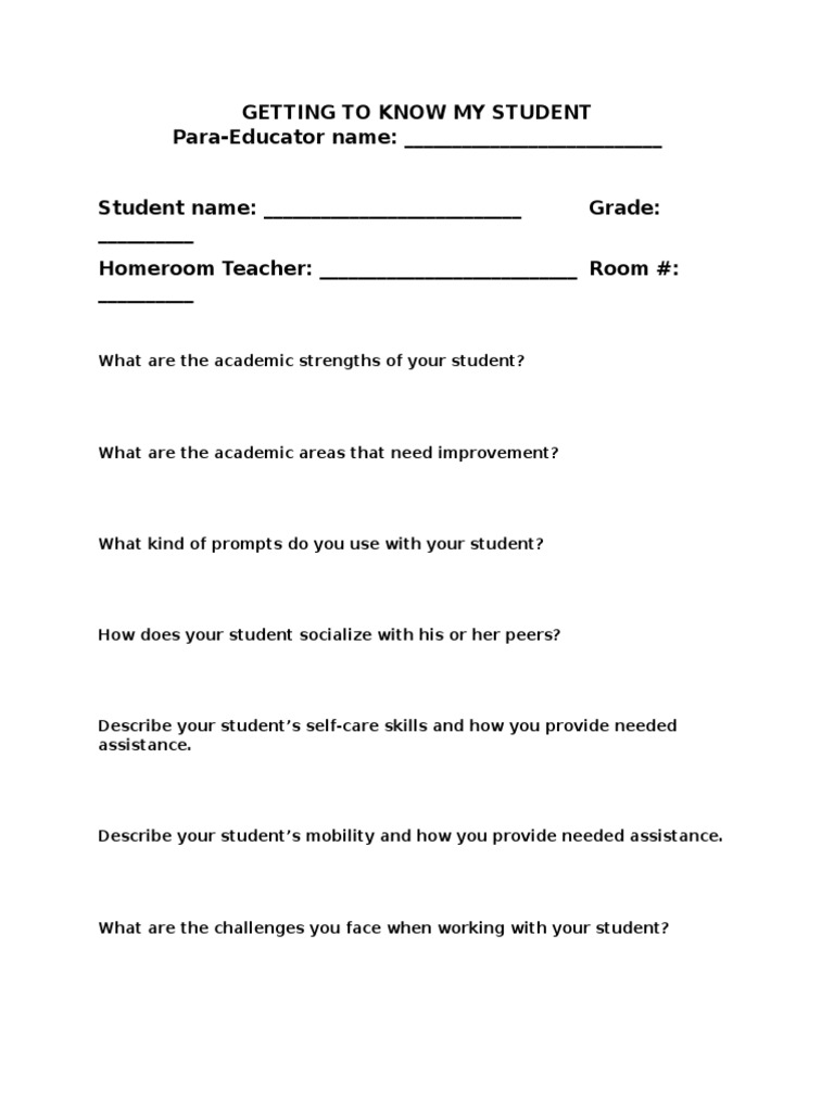 Para-Educator: Getting To Know My Student | PDF | Education Theory ...