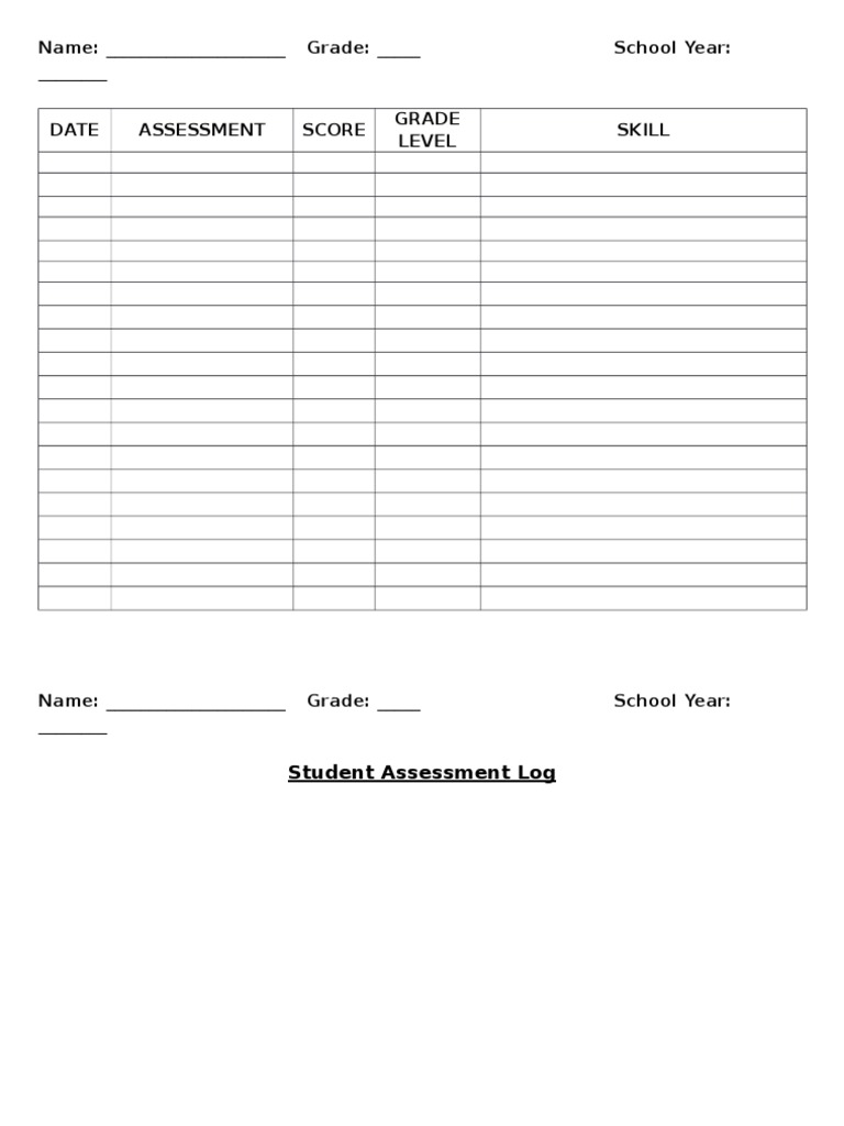 Student Assessment Log Template | PDF