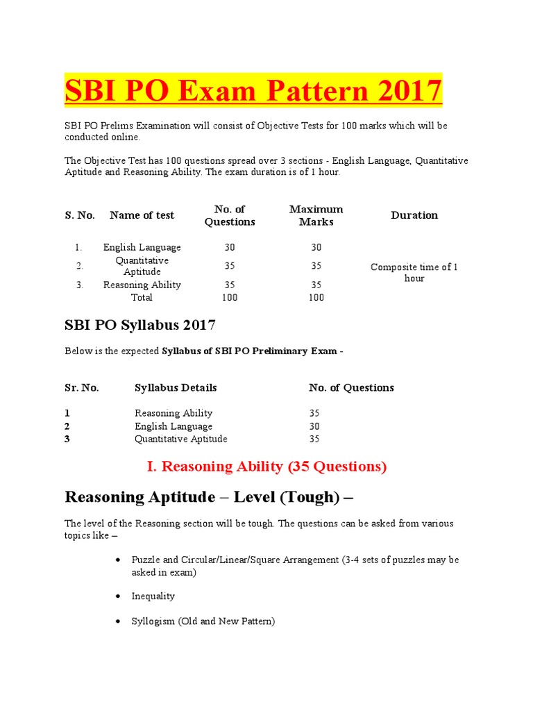 SBI PO Exam Pattern 2017: Reasoning Aptitude - Level (Tough) | PDF ...