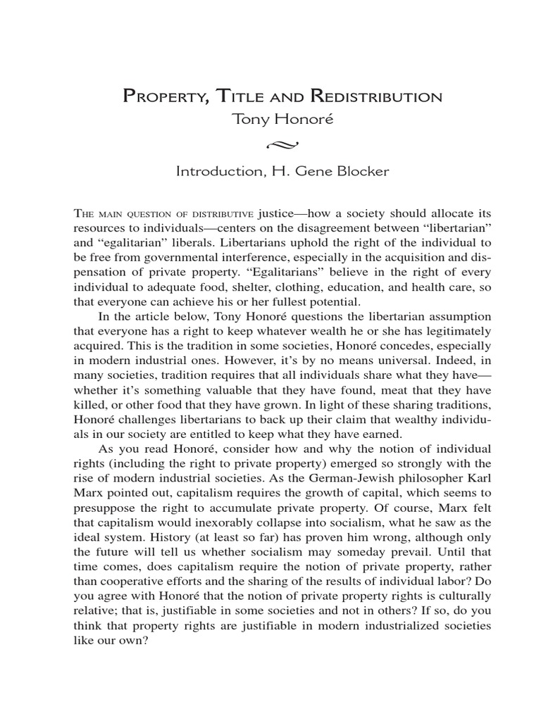 Honoré on Property and Redistribution | PDF | Ownership | Property