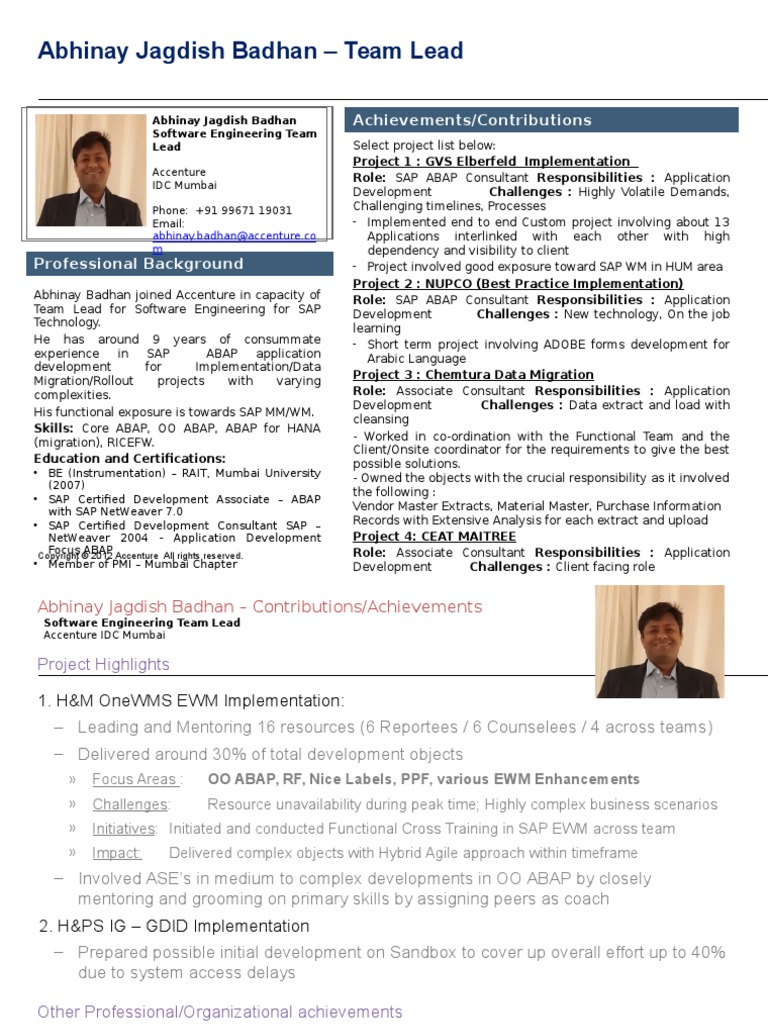 Abhinay Badhan - OnePager | PDF | Sap Se | Consultant