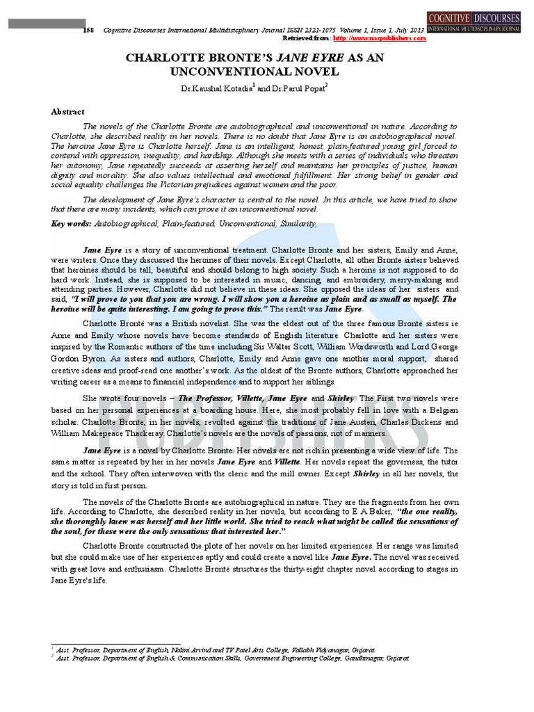 Charlotte Bronte's Jane Eyre As An Unconventional Novel | Download Free ...
