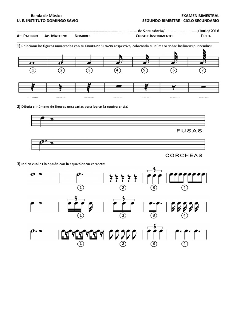 Examen Bimestral de Música Secundaria | PDF