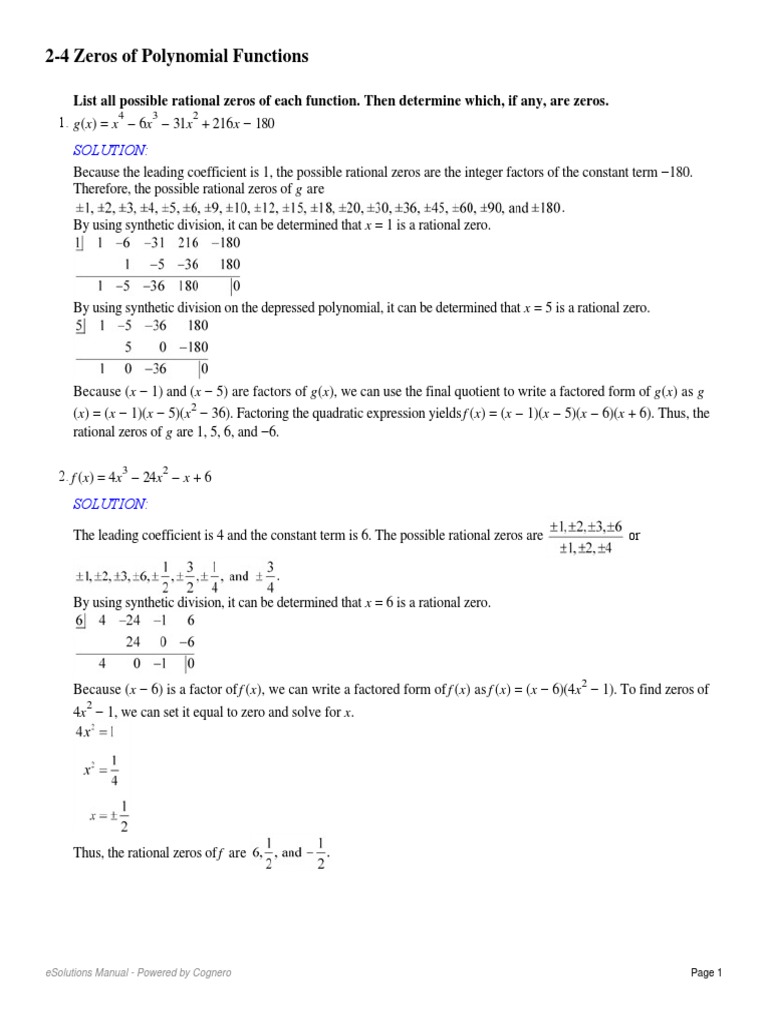 2-4 Zeros of Polynomial Functions | PDF | Factorization | Polynomial