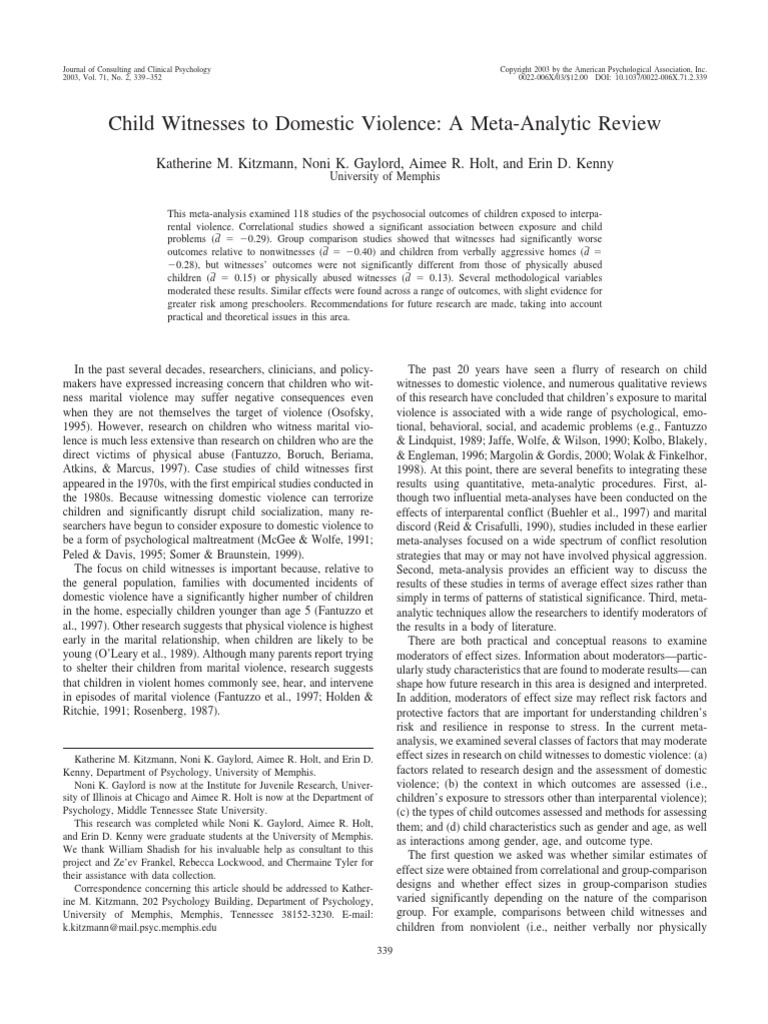 Child Witnesses To Domestic Violence: A Meta-Analytic Review | PDF ...