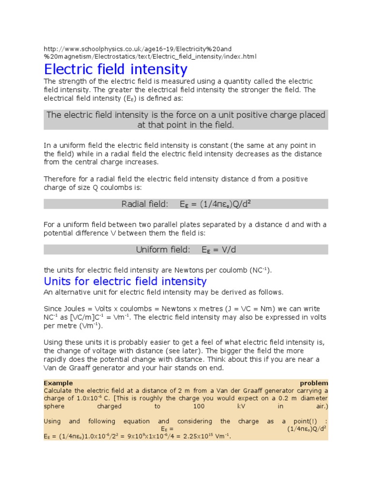 Electric Field Intensity | PDF | Electric Field | Electric Charge