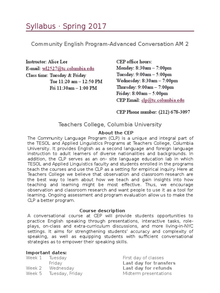 Syllabus Advanced Conversation | PDF | English As A Second Or Foreign ...