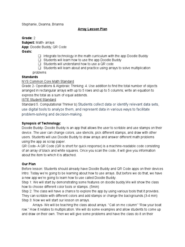 Array Lesson Plan Grade: 2 Subject: Math-Arrays App: Doodle Buddy, QR ...