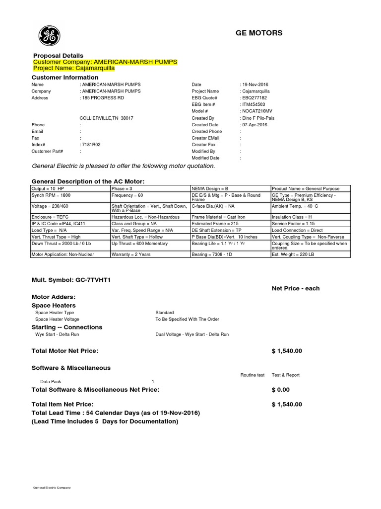 GE Motor Quotation for Cajamarquilla Project | PDF | Electromagnetism ...