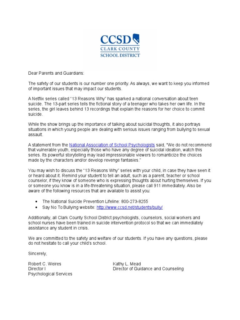 CCSD Letter To Students About "13 Reasons Why" | PDF