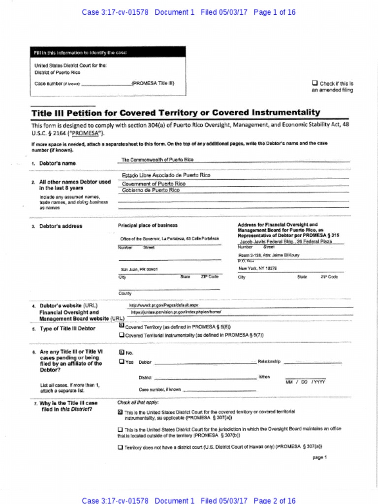 Puerto Rico PROMESA Title III Filing | PDF | Puerto Rico | Economies