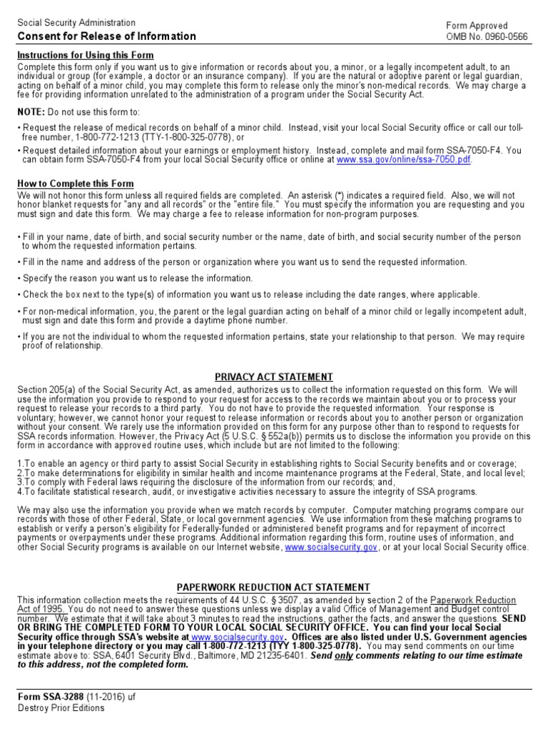 Consent For Release of Information: WWW - Ssa.gov/online/ssa-7050 PDF ...