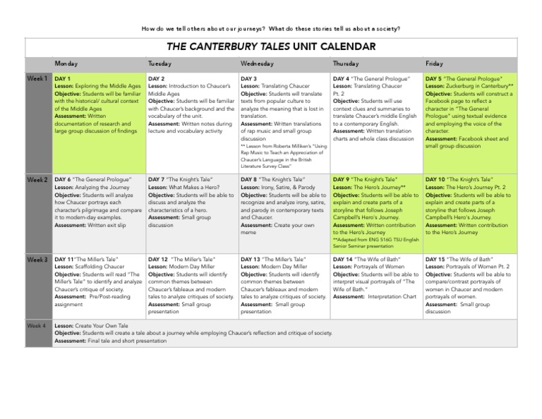Canterbury Tales Unit Calendar | PDF | The Canterbury Tales | Geoffrey ...