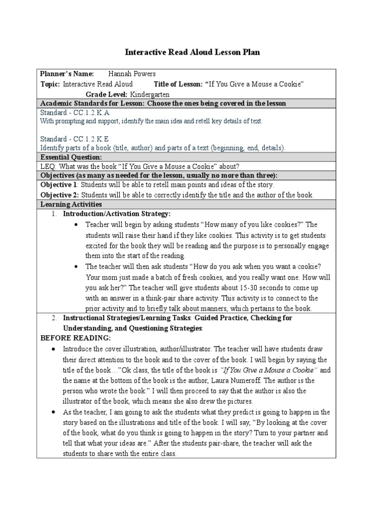 Interactive Read Aloud Lesson Plan: Standard - CC.1.2.K.A | PDF ...