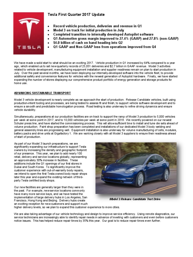 TSLA Q1 2017 Update Letter | PDF | Tesla Model S | Photovoltaics