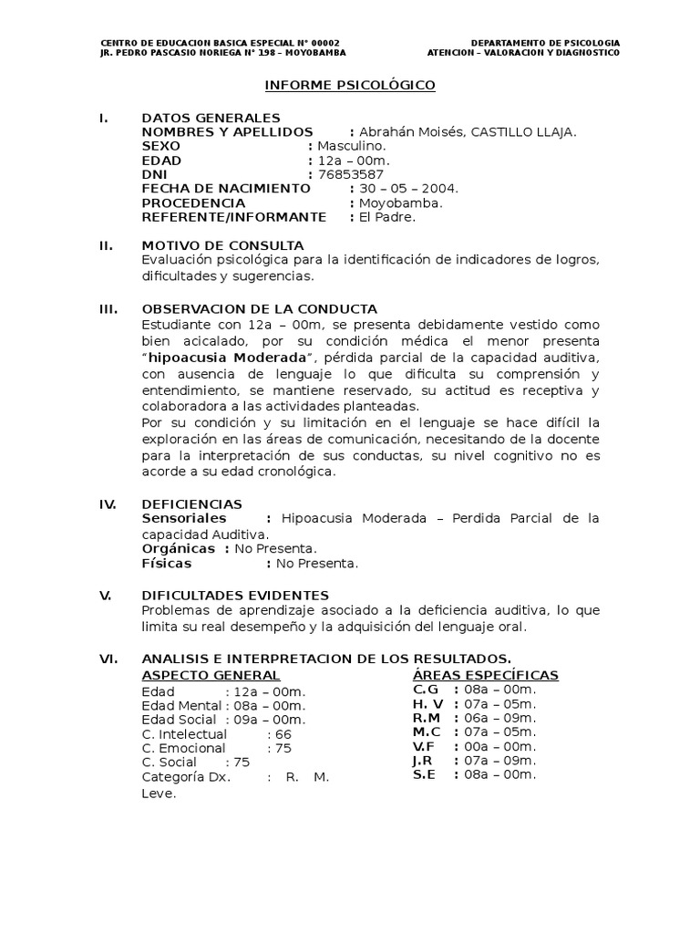 Informe Psicológico Ejemplo | PDF | Comportamiento | Sicología