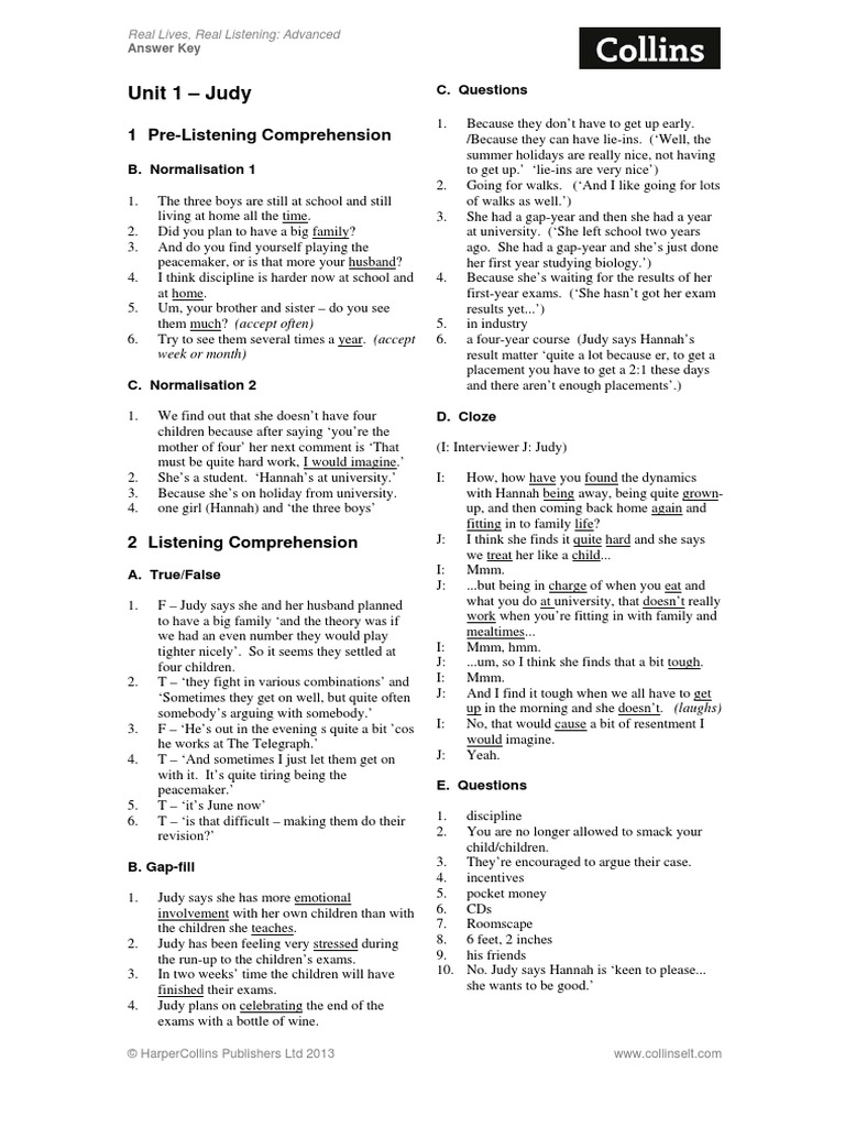 Real Lives Real Listening Advanced Answer Key | PDF | Linguistics
