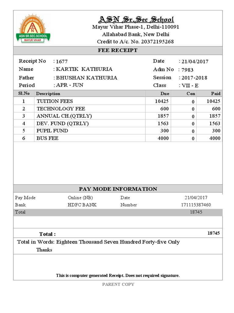Parent Fee Receipt Print | PDF