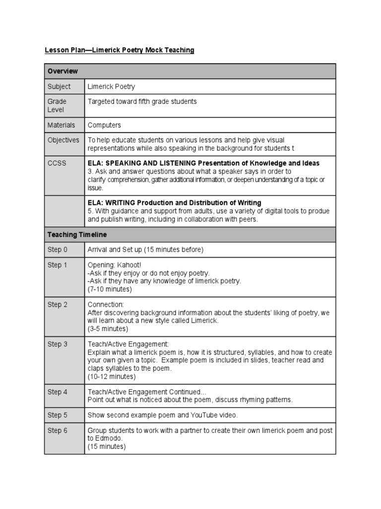 Lesson Plan-Limerick Poetry Mock Teaching | PDF
