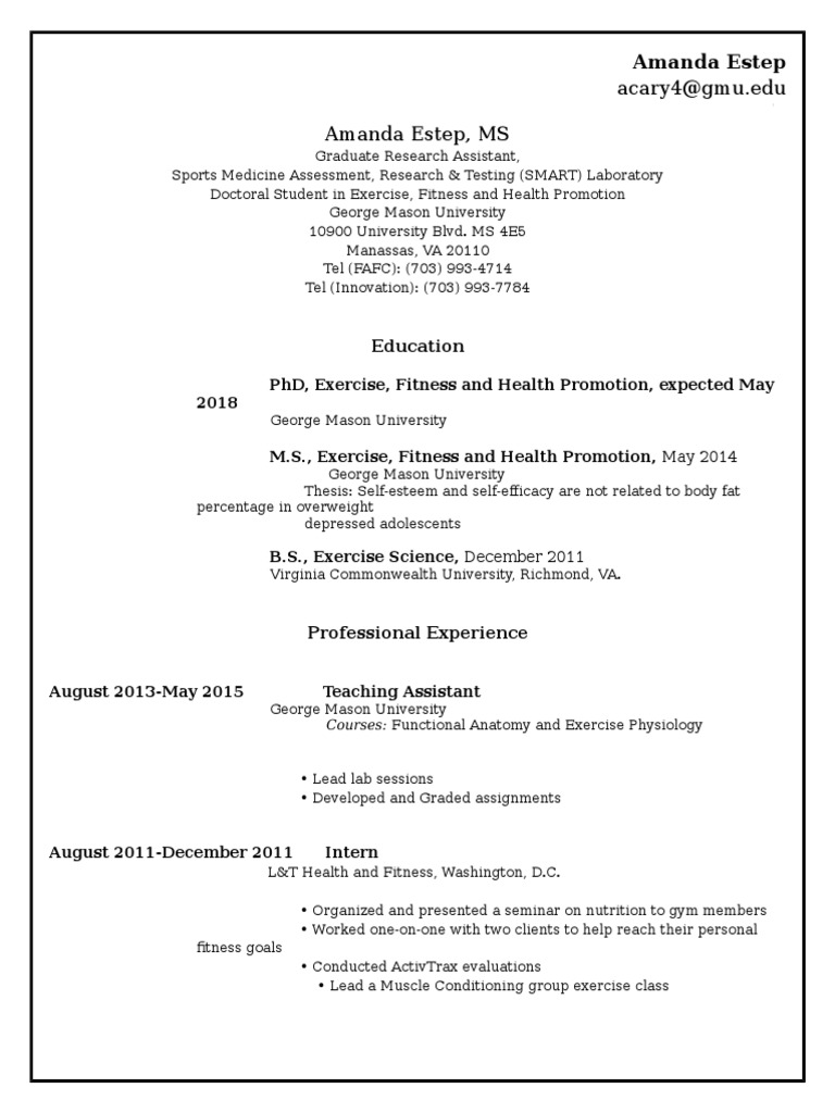 Acary4@gmu - Edu Amanda Estep, MS | PDF | Physical Exercise | Doctorate