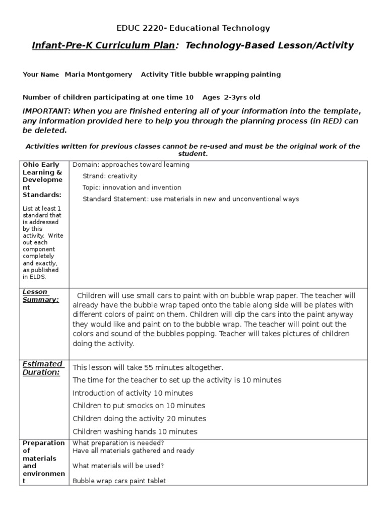 Infant-Pre-K Curriculum Plan: Technology-Based Lesson/Activity | PDF ...