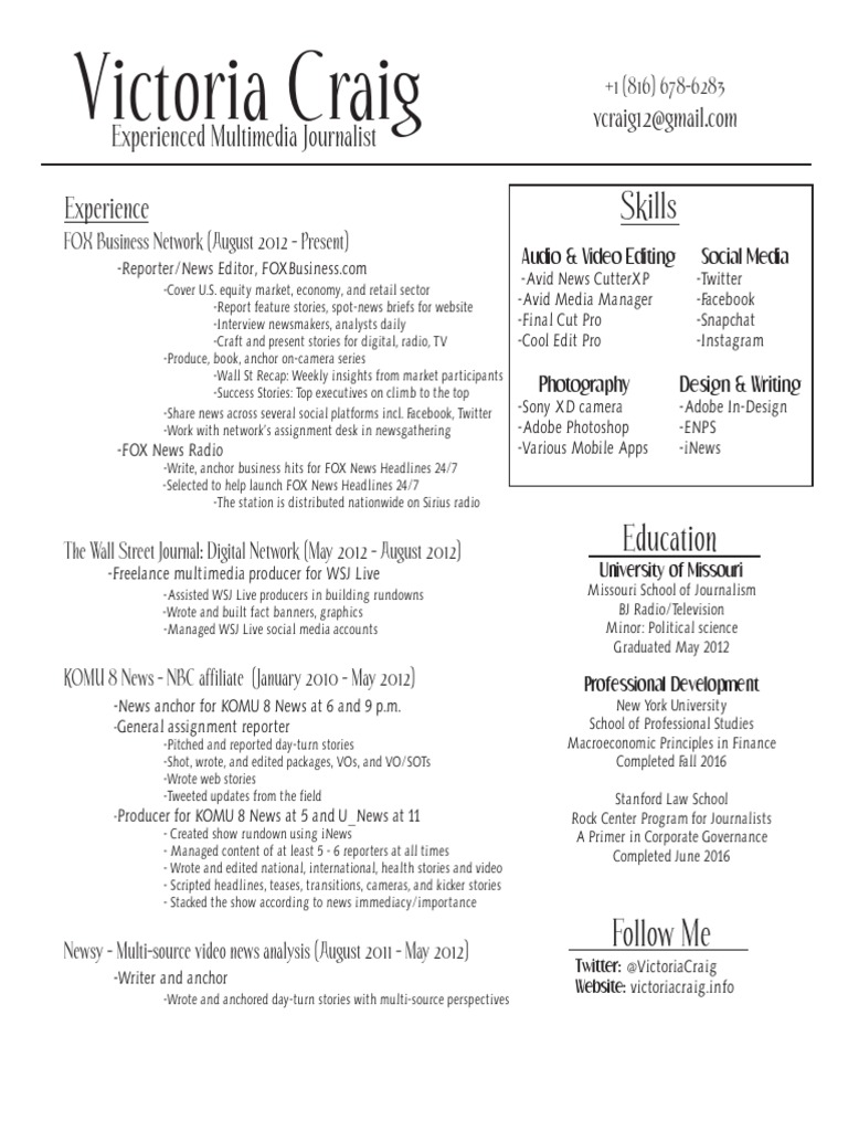 Victoria Craig Resume | PDF | News | The Wall Street Journal