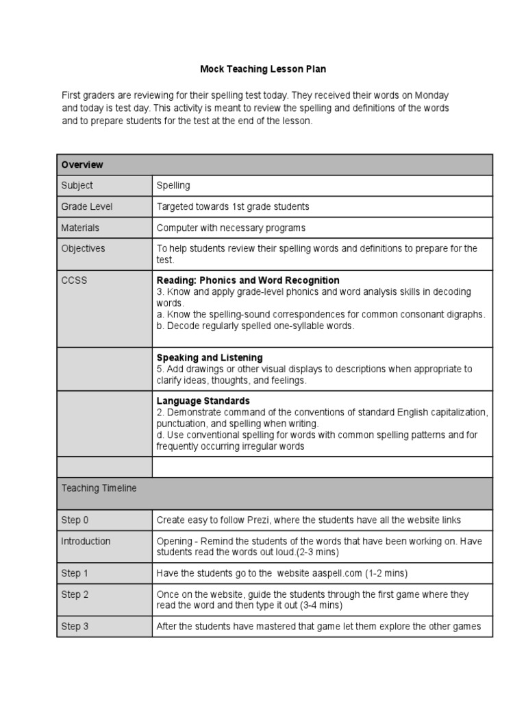 Mock Teaching Lesson Plan | PDF
