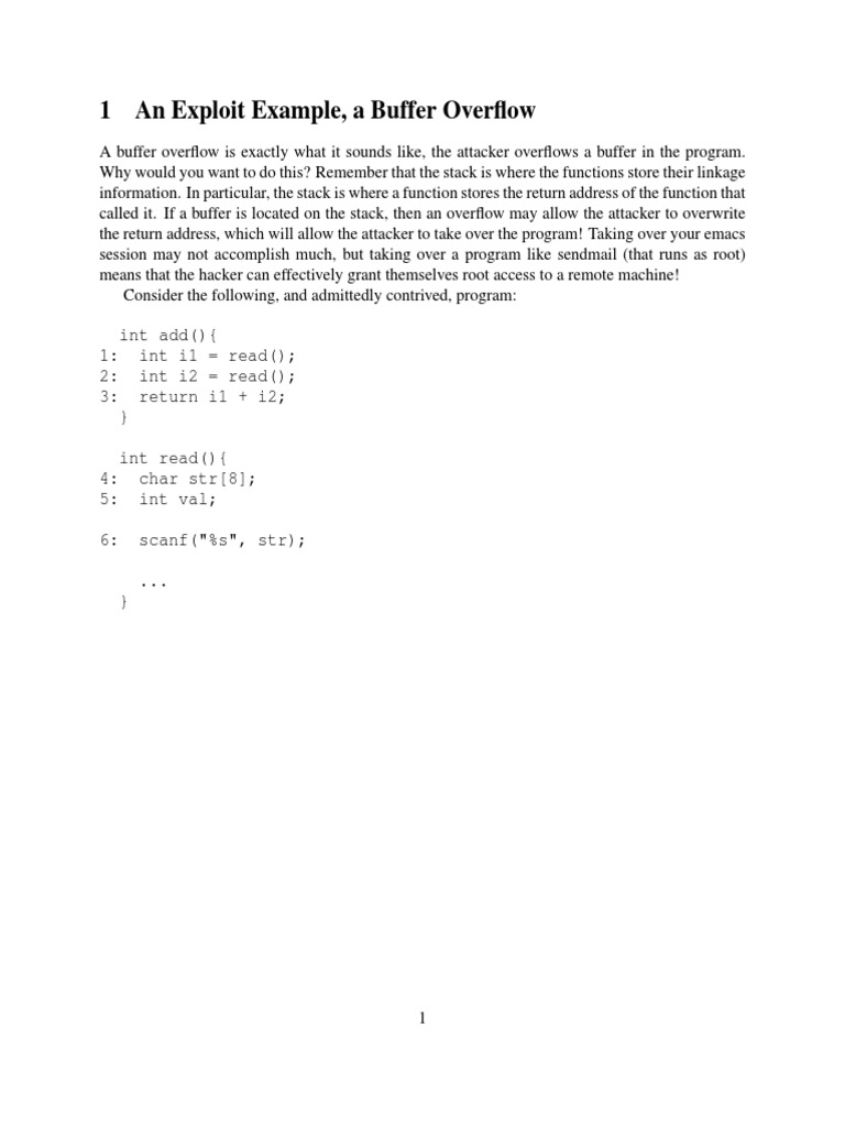 1 An Exploit Example, A Buffer Overflow | PDF | Password | Pointer ... 1 An Exploit Example, A Buffer Overflow | PDF | Password | Pointer ...