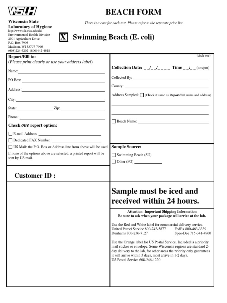 Beach Form: X Swimming Beach (E. Coli) | PDF | United States Postal ...