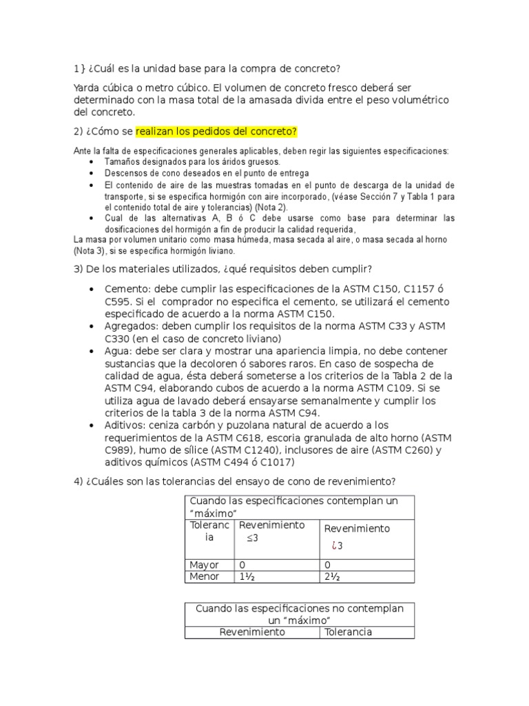 Resumen ASTM C-94 | PDF | Hormigón | Cemento Resumen ASTM C-94 | PDF | Hormigón | Cemento