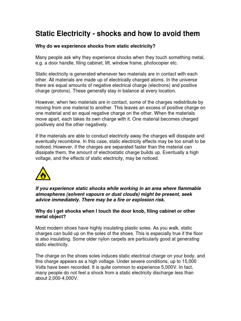 Static Electricity Shocks How To Avoid Them Pdf Electrostatics