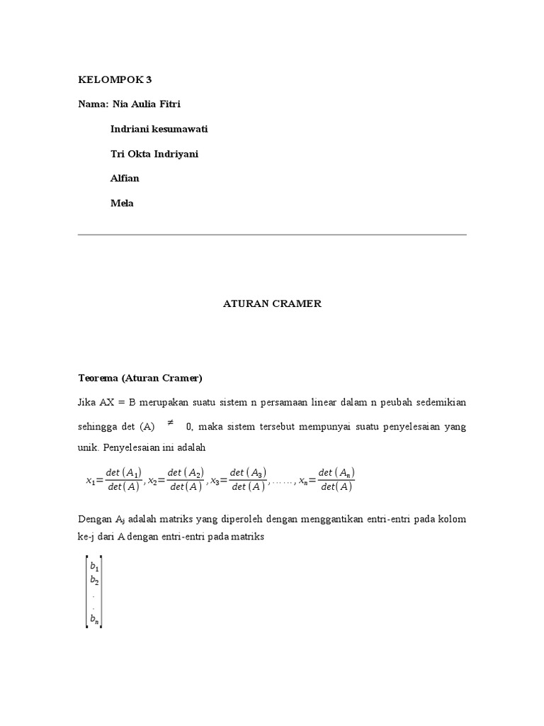 Aturan Cramer untuk Sistem Persamaan | PDF