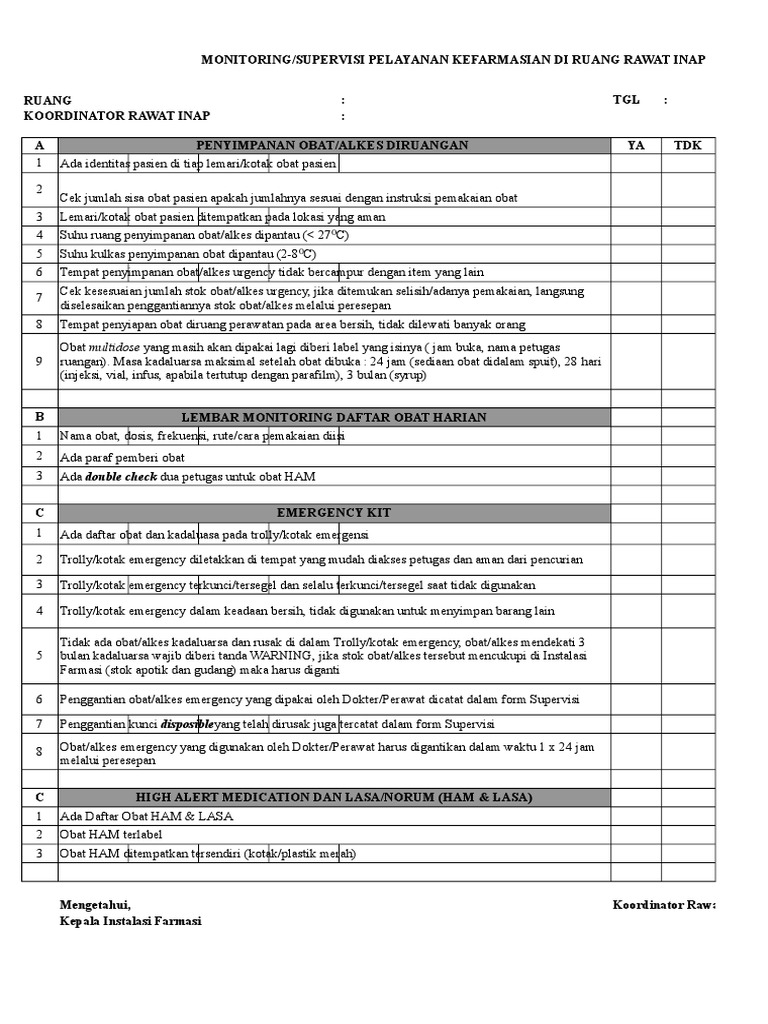 Ceklit Monitoring Supervisi Pelayanan Farmasi | PDF
