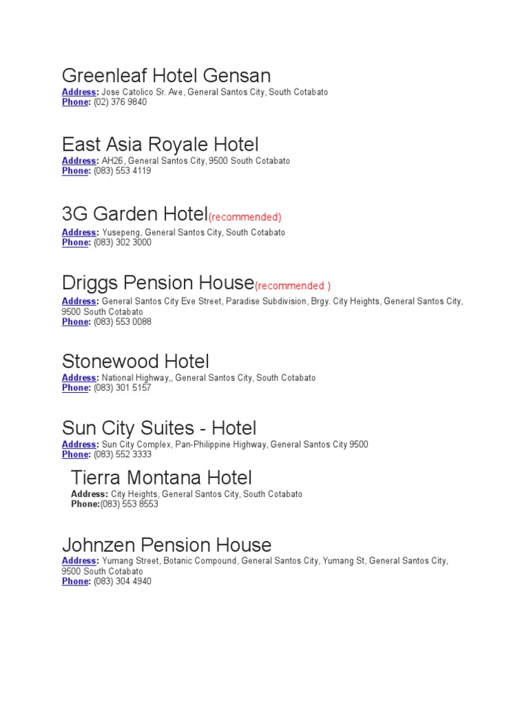 Gensan Hotels Directory | PDF
