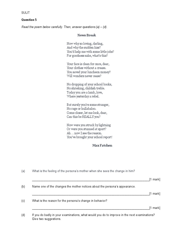 Read The Poem Below Carefully. Then, Answer Questions (A) - (D) | PDF