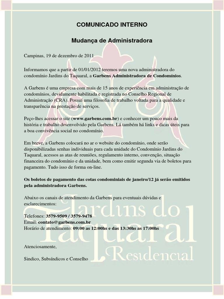 Comunicado Interno - 005 - Nova Administradora | PDF