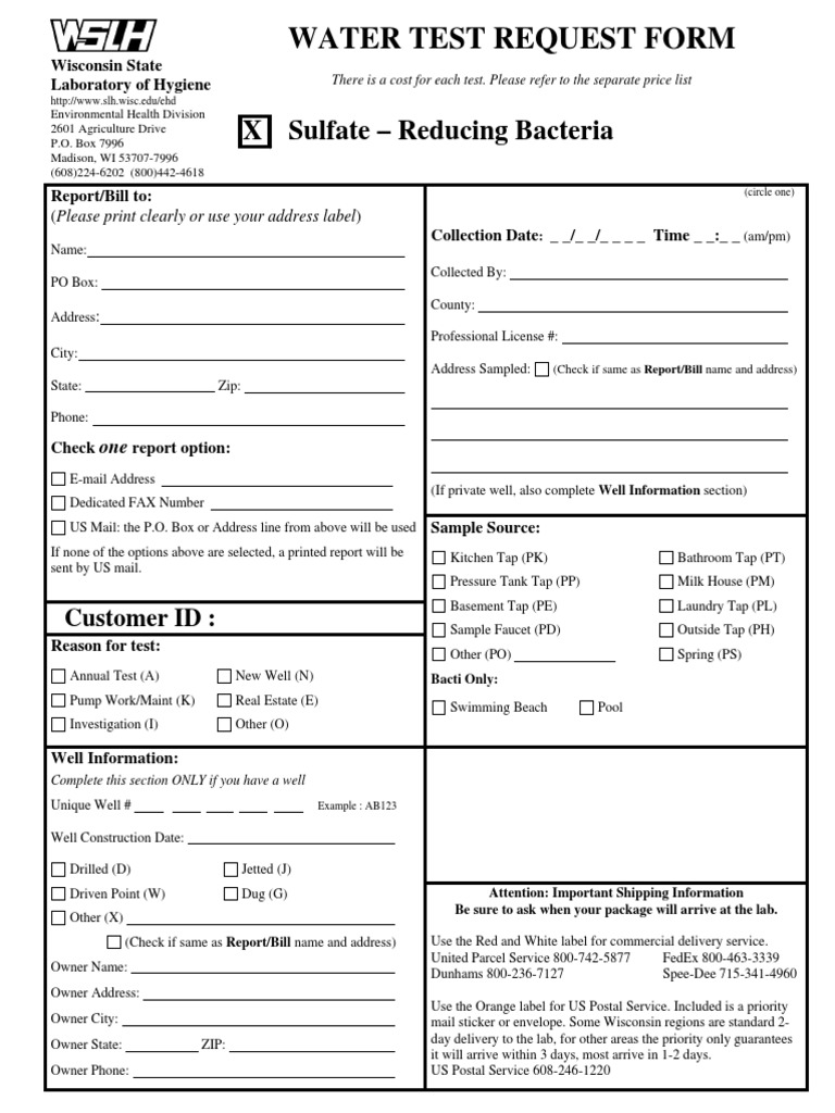 Water Test Request Form: X Sulfate - Reducing Bacteria | PDF | Post ...