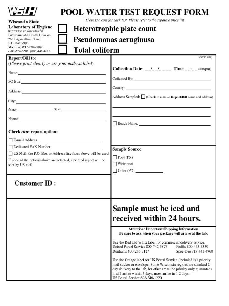 Pool Water Test Request Form: Heterotrophic Plate Count Pseudomonas ...