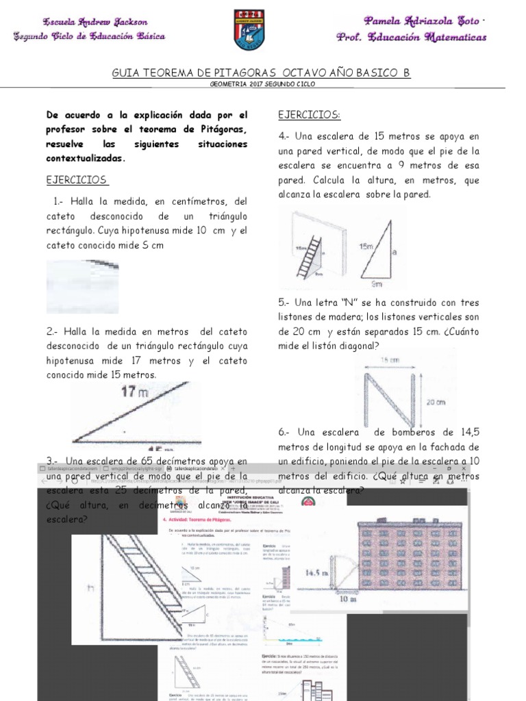 Ejercicios Teorema de Pitágoras 8° Básico | PDF | Triángulo ...