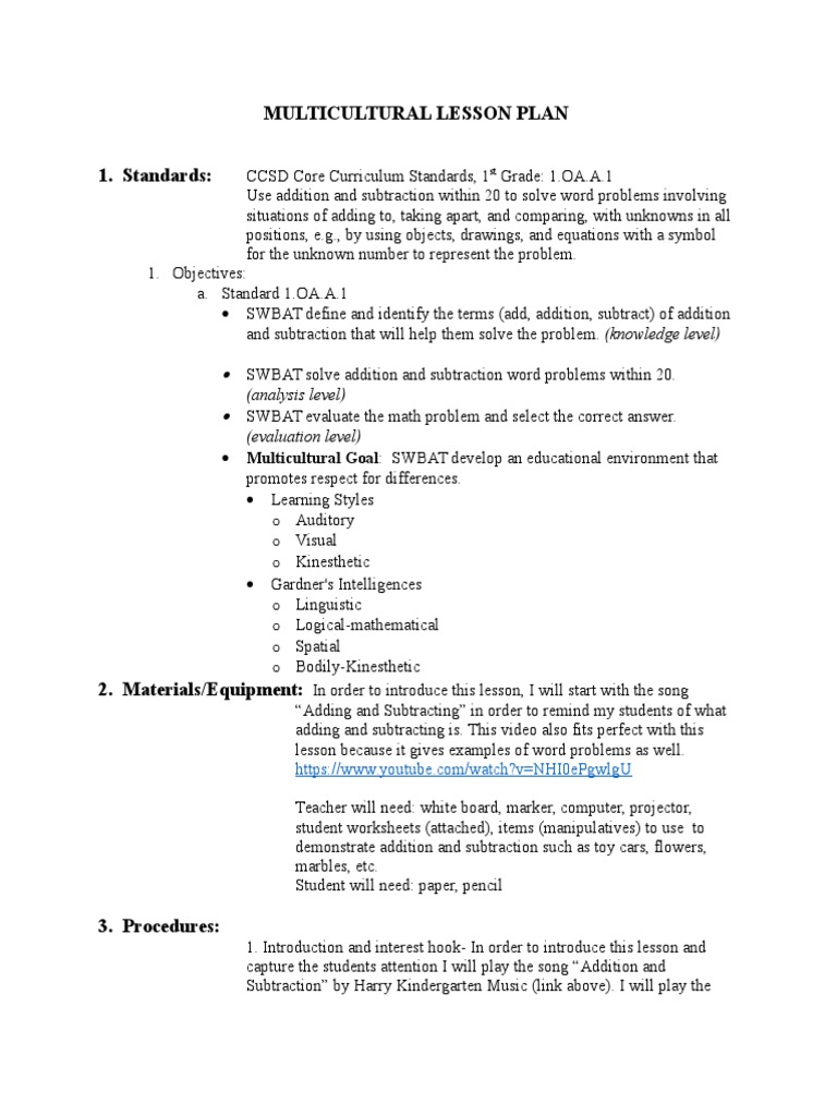 Multicultural Lesson Plan 1. Standards:: (Analysis Level) (Evaluation ...