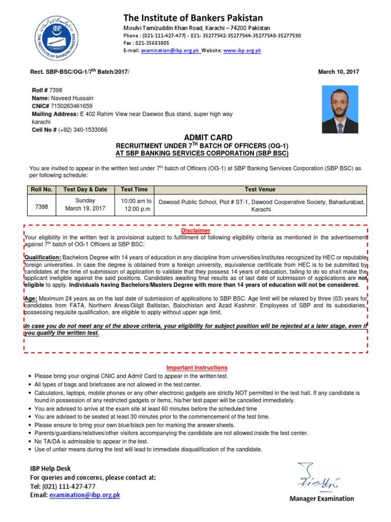 SBP BSC (OG-1), 7th Batch Test-Admit Card Sample PDF | PDF | Academic ...