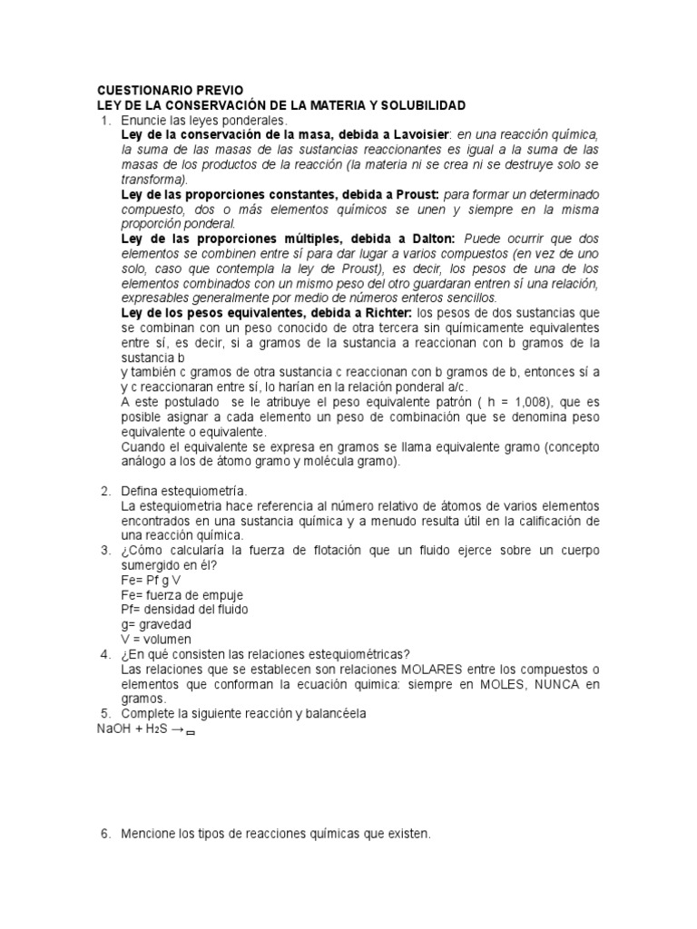 Cuestionario Previo - 13 Ley de La Conservación de La Materia y Solubilidad | PDF ...